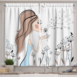 ambesonne retro kitchen curtains, fashion woman with dandelion flower spring wind garden sketchy illustration, window drapes 2 panel set for kitchen cafe decor, 55" x 39", blue