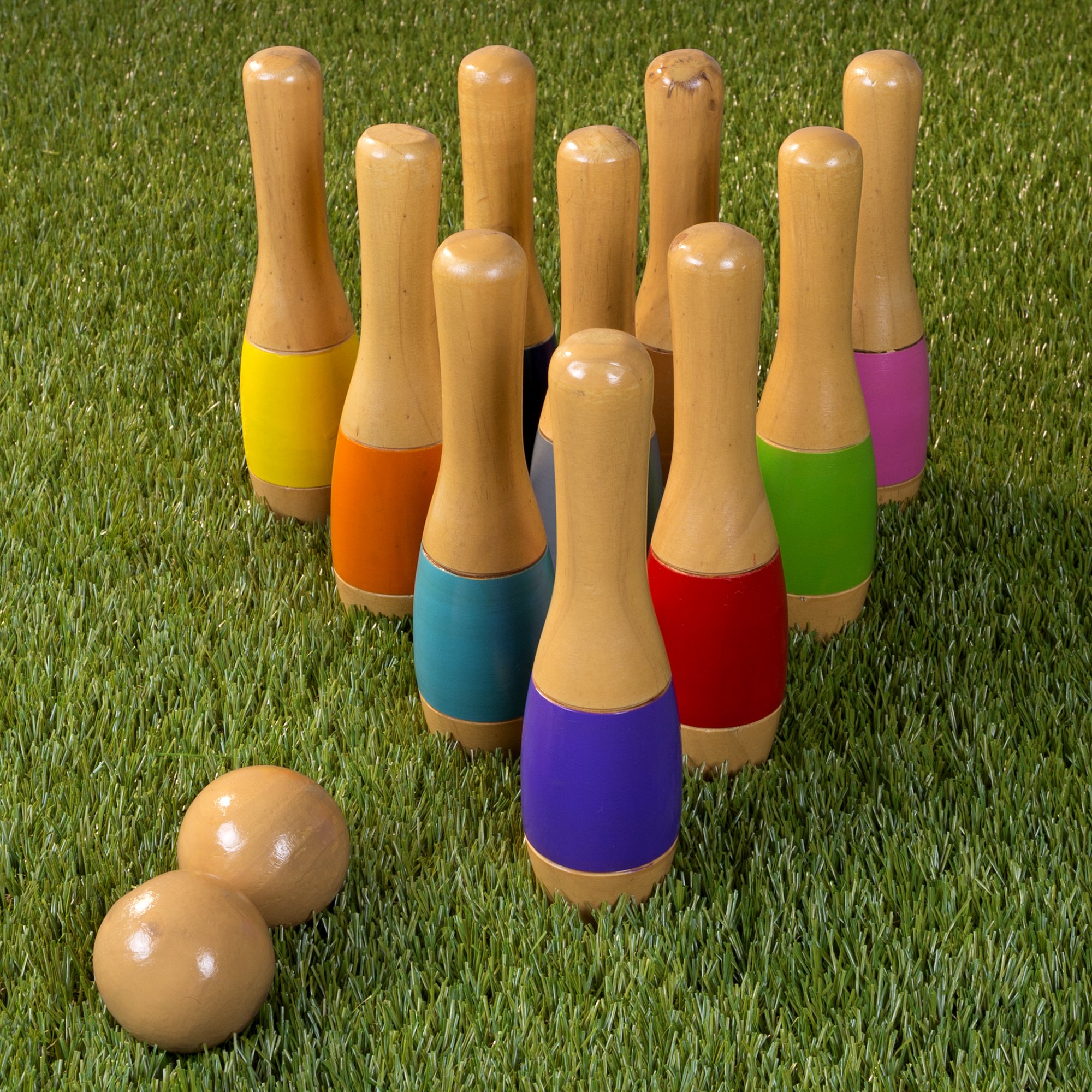 Lawn Bowling Game/Skittle Ball- Indoor and Outdoor Fun for Toddlers, Kids, Adults –10 Wooden Pins, 2 Balls, and Mesh Bag Set by Hey! Play! (9.5 Inch)