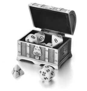 reindear 7 die polyhedral role playing game dice set with treasure chest dice container (white)