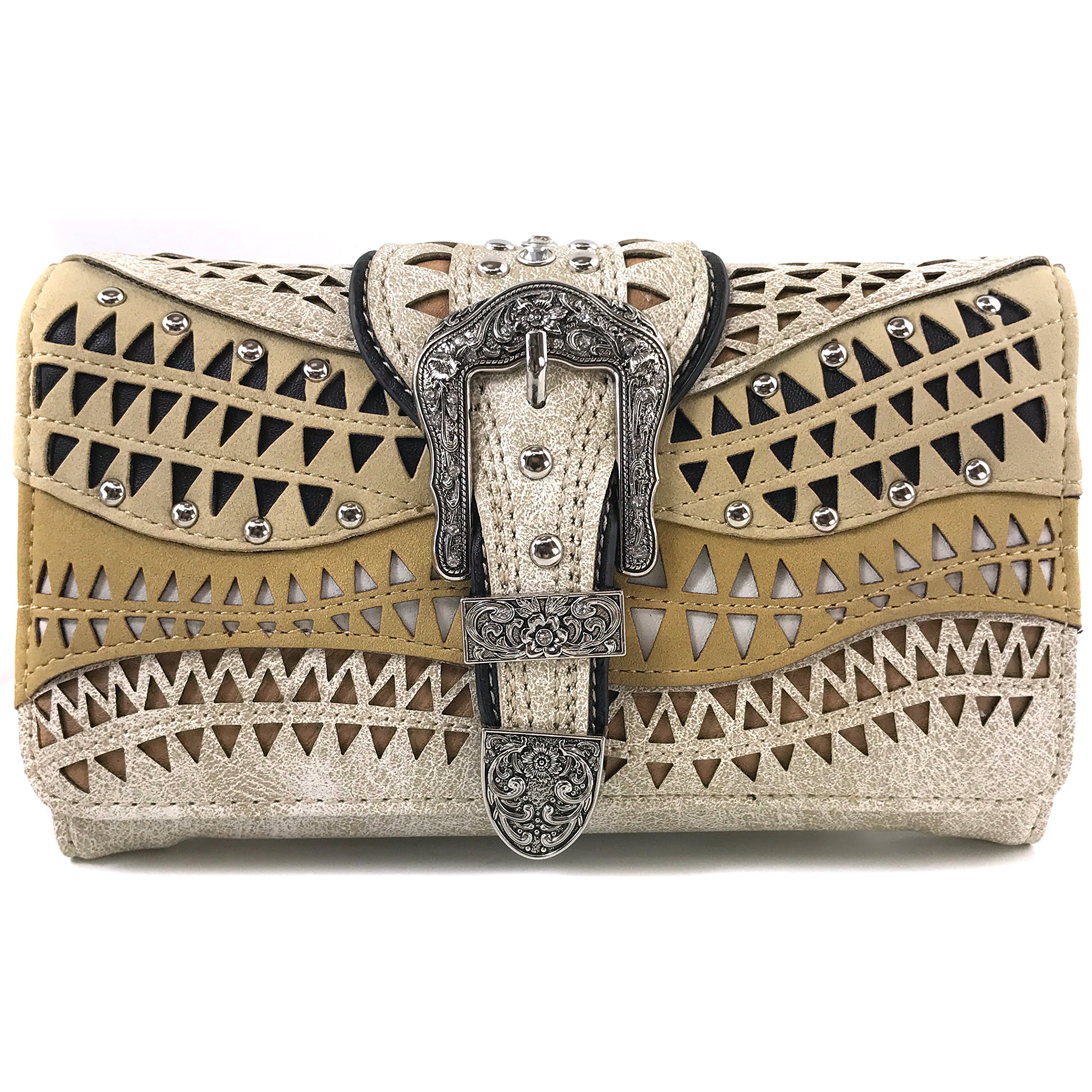 Justin West Studs Laser Cut Triangle Western Rhinestone Buckle Handbag Purse Conceal Carry (Beige Wallet Only)