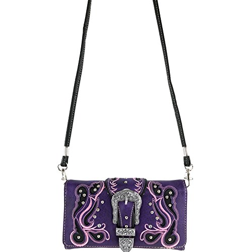 Justin West Concealed Carry Western Tritone Paisley Flower Buckle Embroidered Laser Cut Shoulder Handbag | Trifold Wallet (Purple Handbag & Wallet Set)