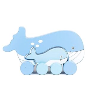 big & little whale push toy by jack rabbit creations- 2 in 1 wooden roller animals- stem toys for toddlers develops coordination- ages 18 months+