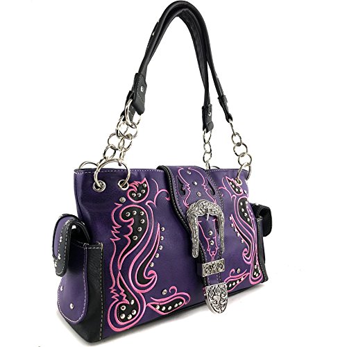 Justin West Concealed Carry Western Tritone Paisley Flower Buckle Embroidered Laser Cut Shoulder Handbag | Trifold Wallet (Purple Handbag & Wallet Set)