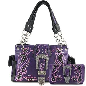 justin west concealed carry western tritone paisley flower buckle embroidered laser cut shoulder handbag | trifold wallet (purple handbag & wallet set)