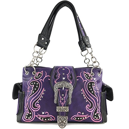 Justin West Concealed Carry Western Tritone Paisley Flower Buckle Embroidered Laser Cut Shoulder Handbag | Trifold Wallet (Purple Handbag & Wallet Set)