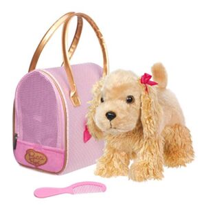 pucci pups – cocker spaniel stuffed puppy with pink and gold dotted stuffed animal bag