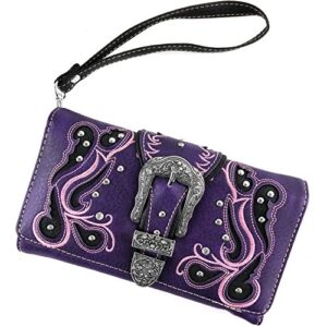 Justin West Concealed Carry Western Tritone Paisley Flower Buckle Embroidered Laser Cut Shoulder Handbag | Trifold Wallet (Purple Handbag & Wallet Set)