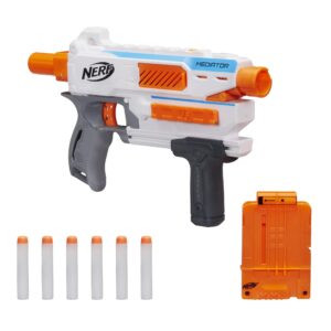 nerf modulus mediator blaster - fires 6 darts in a row, pump action, slam fire, includes 6-dart clip and 6 official nerf elite darts (amazon exclusive)