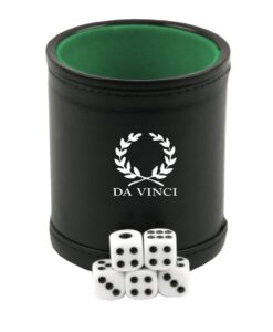 da vinci professional dice cup with 5 dice. black leatherette exterior with velvet interior (green-felt)