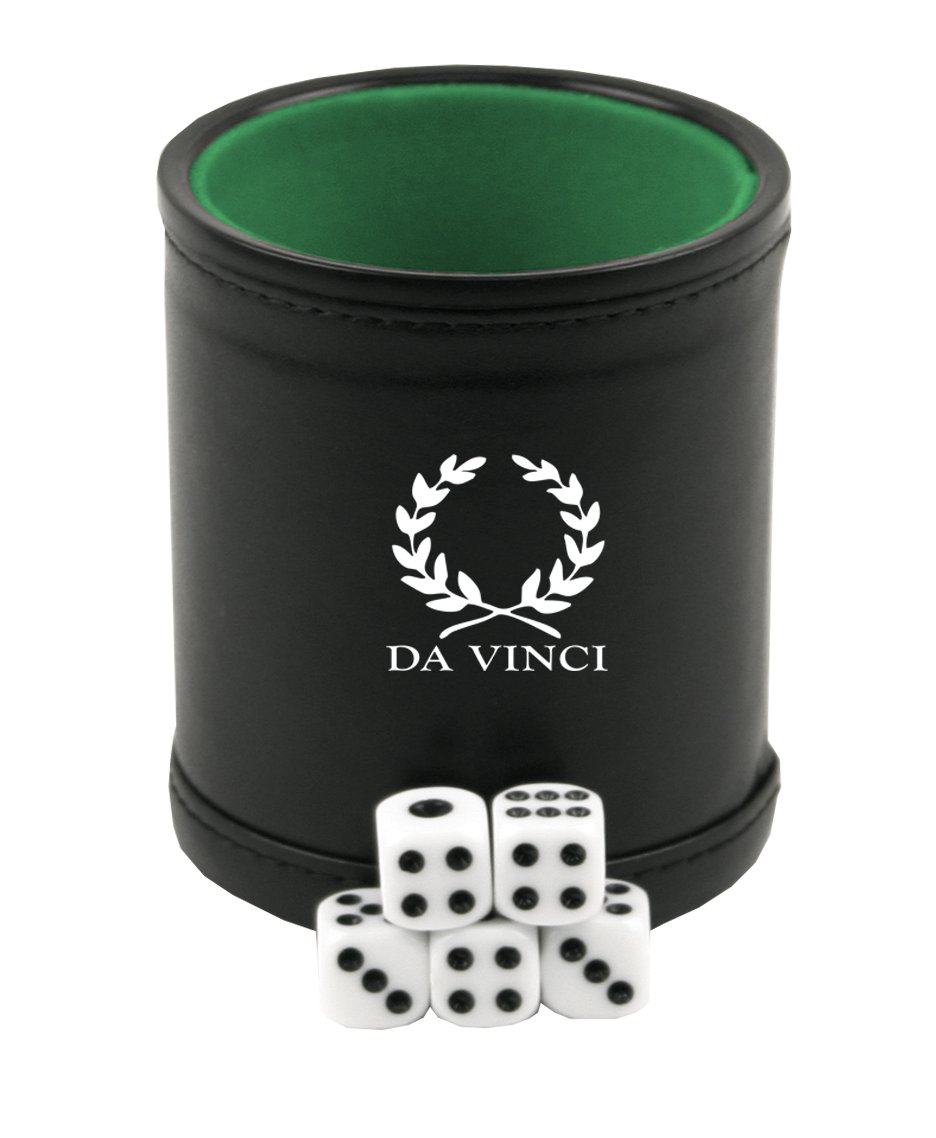 DA VINCI Professional Dice Cup with 5 Dice. Black Leatherette Exterior with Velvet Interior (Green-Felt)