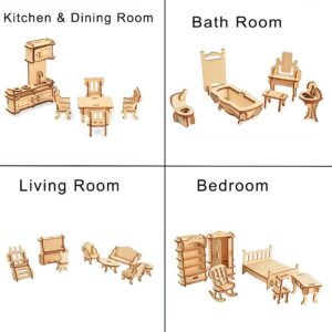 BOHS 34-Piece Dollhouse Furniture Set - Laser Cut Wooden 3D Puzzles - Miniature Doll House DIY Models and Accessories