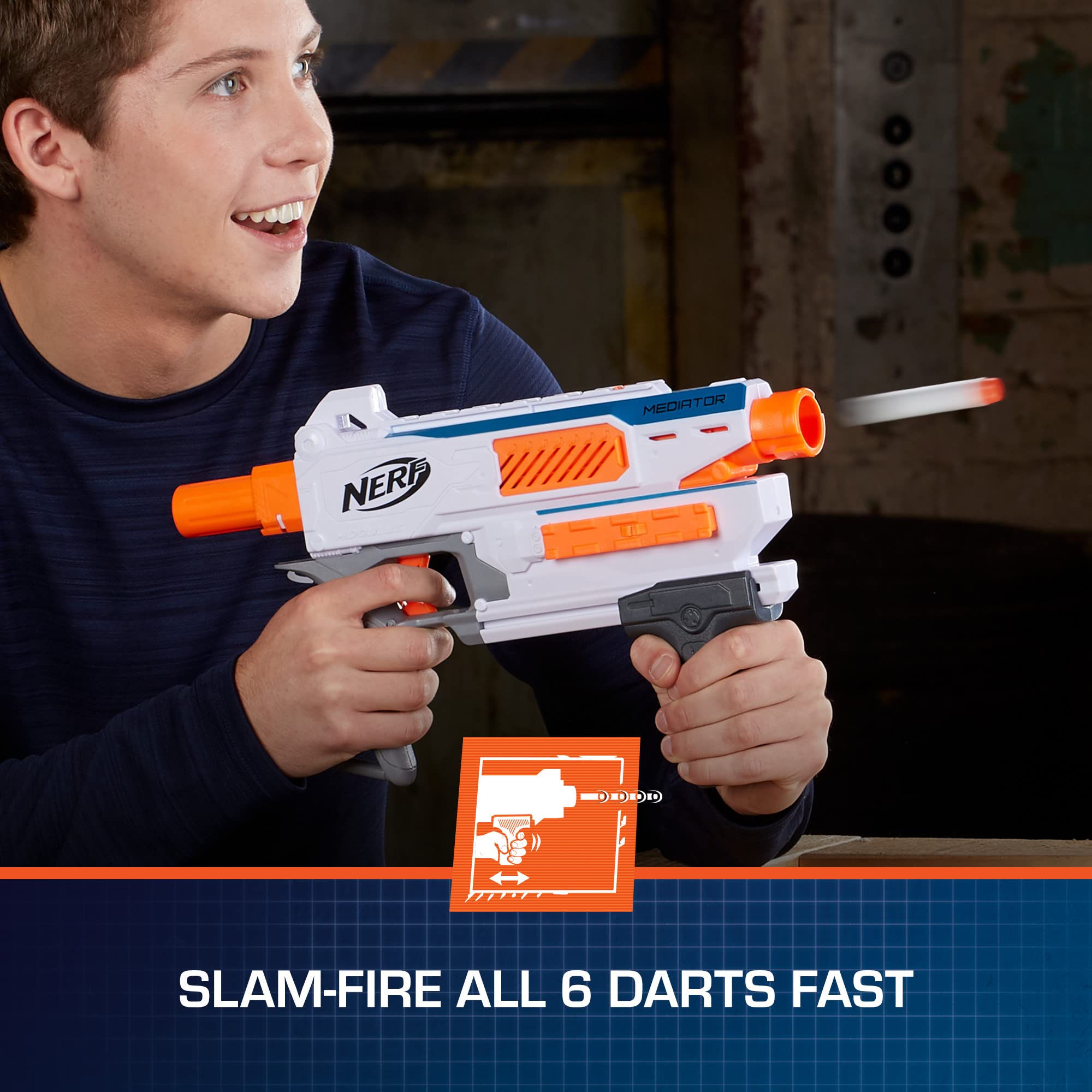 NERF Modulus Mediator Blaster - Fires 6 Darts in a Row, Pump Action, Slam Fire, Includes 6-Dart Clip and 6 Official Nerf Elite Darts (Amazon Exclusive)