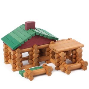 wondertoys 90 pieces classic wood cabin logs set, building log toy for children, farm house construction educational toys for 3 4 5 6 years old