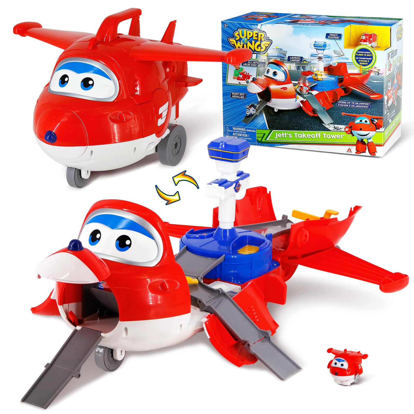 Super Wings Jett's Takeoff Tower 2-in-1 Airplane Toys Playset with 2" Jett Mini Figure Transform-a-Robots, Toys for Preschool Kids, Gifts for Boys and Girls Age 3+, Educational Learning Toys