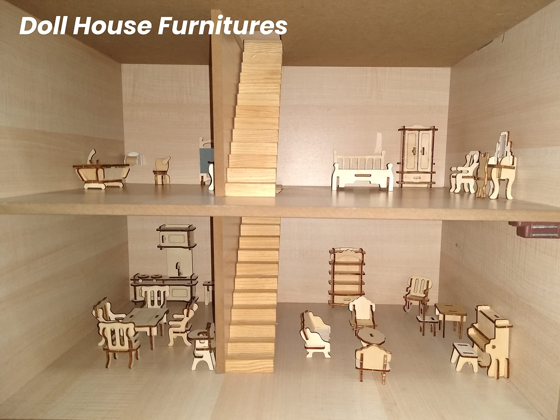 BOHS 34-Piece Dollhouse Furniture Set - Laser Cut Wooden 3D Puzzles - Miniature Doll House DIY Models and Accessories