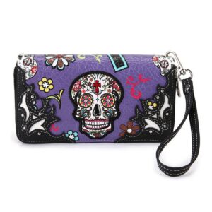 cowgirl trendy western purse sugar skull, cross clutch wallet day of the dead wristlet (purple)