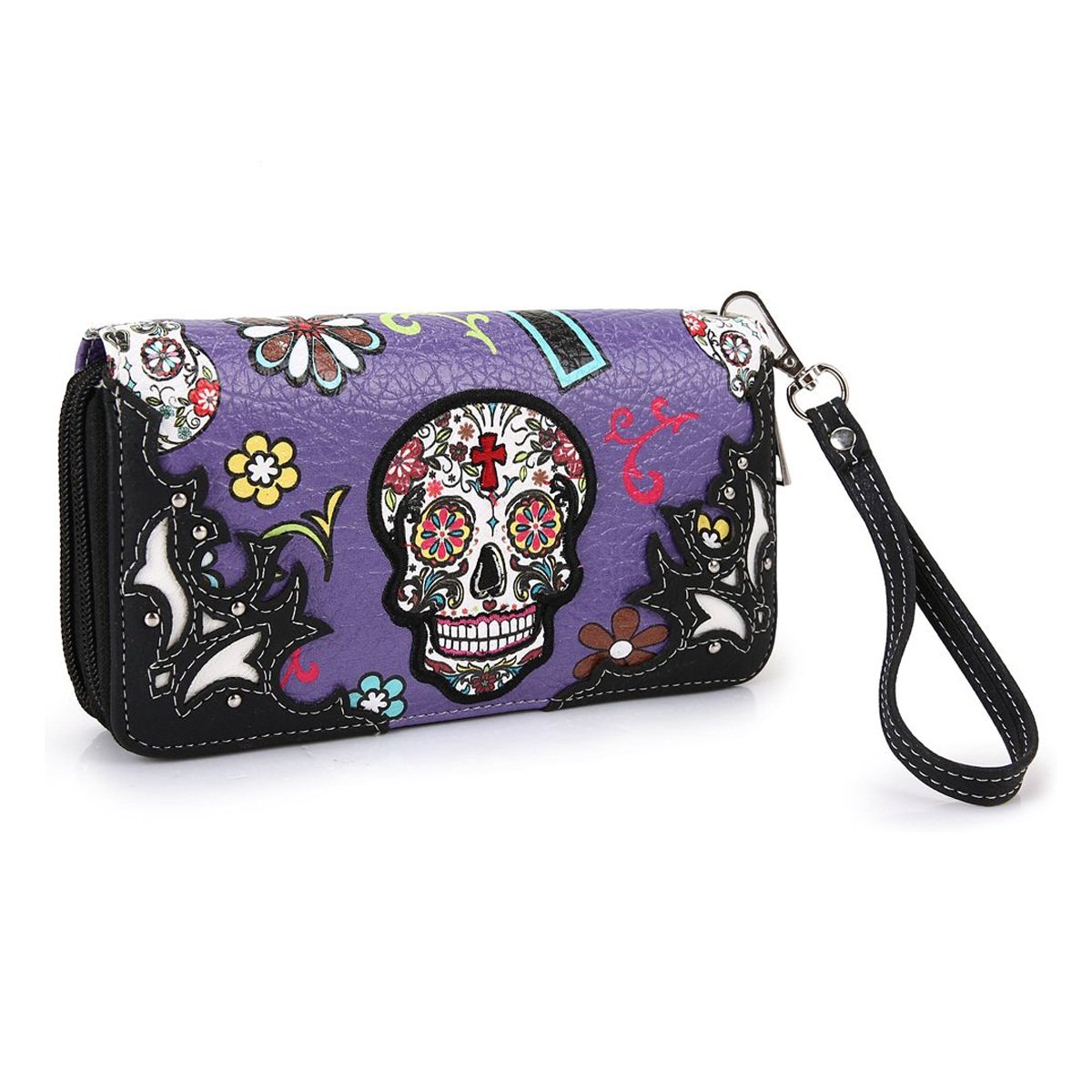 Cowgirl Trendy Western Purse Sugar Skull, Cross Clutch Wallet Day of the Dead Wristlet (Purple)