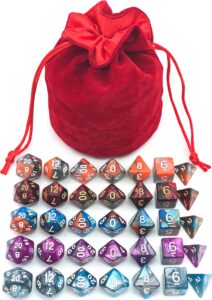 5 assorted colors polyhedral dice set for dungeons and dragons dnd pathfinder rpg role playing games with red drawstring dice bag (total 5 sets)