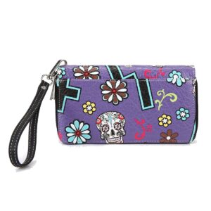 Cowgirl Trendy Western Purse Sugar Skull, Cross Clutch Wallet Day of the Dead Wristlet (Purple)