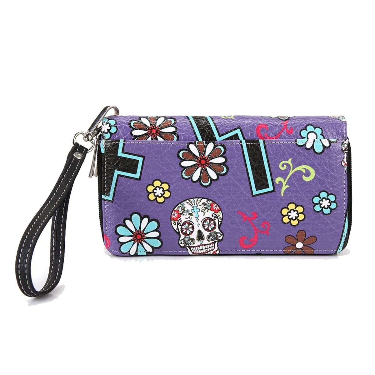 Cowgirl Trendy Western Purse Sugar Skull, Cross Clutch Wallet Day of the Dead Wristlet (Purple)