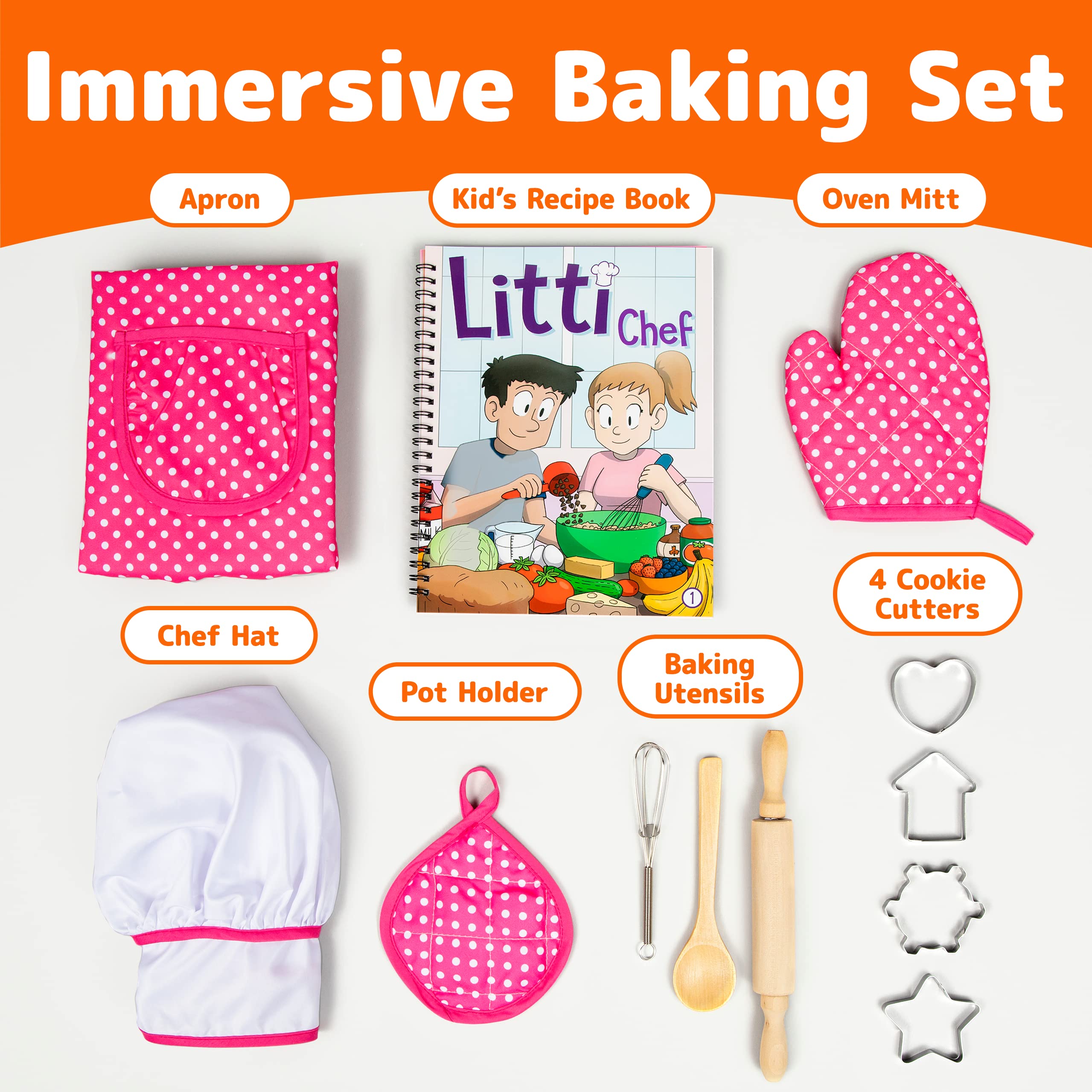 Kids Cooking and Baking Chef Set for Little Girls, Complete Cooking Sets, Toddler Dress Up and Pretend Play Dress Up Clothes for Girls, Kids Kitchen Toys 3-5 Years Old with Kids Aprons