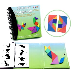 wallxin travel tangram puzzle - magnetic pattern block book road trip game jigsaw shapes for kids adult challenge iq educational toy gift brain teasers-2 set of tangrams