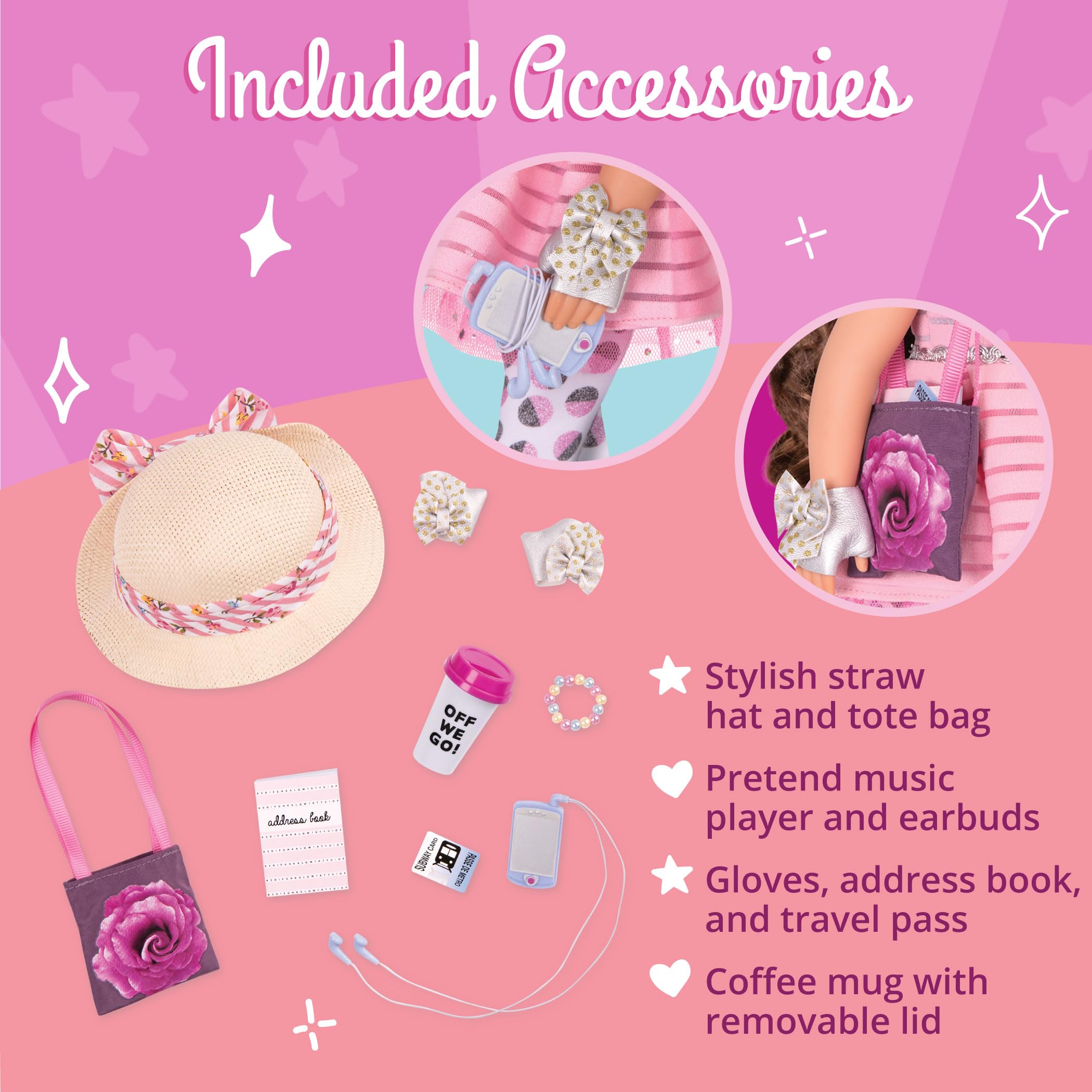 Glitter Girls - 14-inch Doll Clothes - Places To Go Purse & Accessory Set - Floral Hat, Music Player, Travel Mug, Bracelet - Toys for Kids Ages 3 & Up