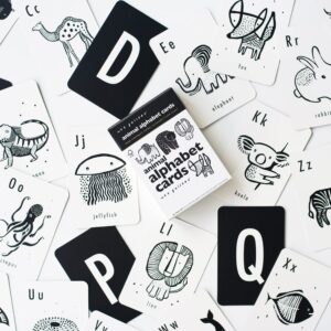 Wee Gallery Educational Flashcards for Babies, Black and White Animal Alphabet, Durable Double Sided Learning Flash Cards, Visual Stimulation, Cognitive Development, Baby, Toddler, Preschool Activity