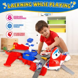 Super Wings Jett's Takeoff Tower 2-in-1 Airplane Toys Playset with 2" Jett Mini Figure Transform-a-Robots, Toys for Preschool Kids, Gifts for Boys and Girls Age 3+, Educational Learning Toys