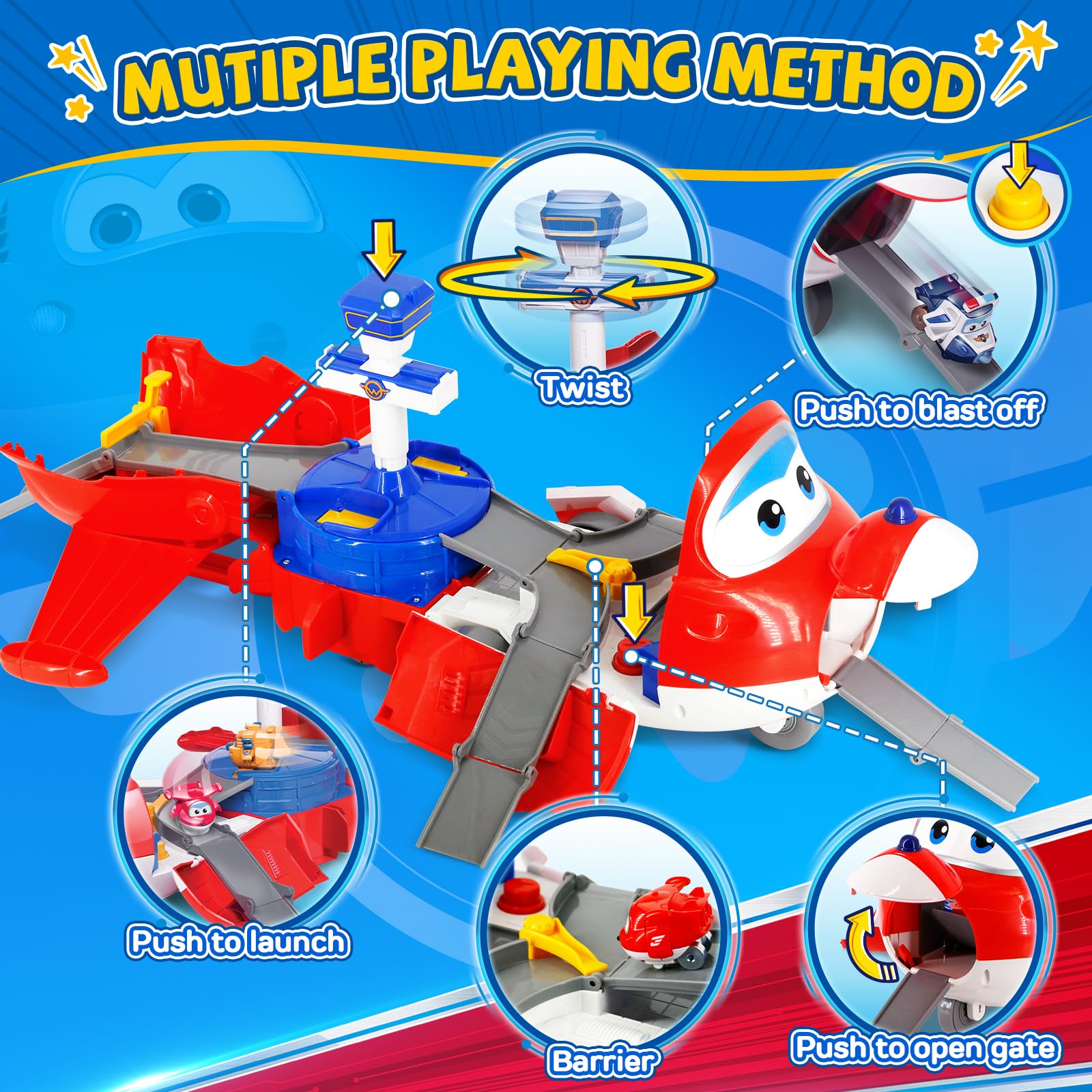 Super Wings Jett's Takeoff Tower 2-in-1 Airplane Toys Playset with 2" Jett Mini Figure Transform-a-Robots, Toys for Preschool Kids, Gifts for Boys and Girls Age 3+, Educational Learning Toys