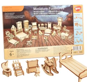 bohs 34-piece dollhouse furniture set - laser cut wooden 3d puzzles - miniature doll house diy models and accessories