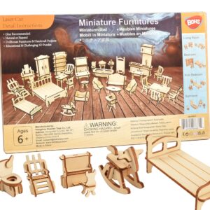 BOHS 34-Piece Dollhouse Furniture Set - Laser Cut Wooden 3D Puzzles - Miniature Doll House DIY Models and Accessories