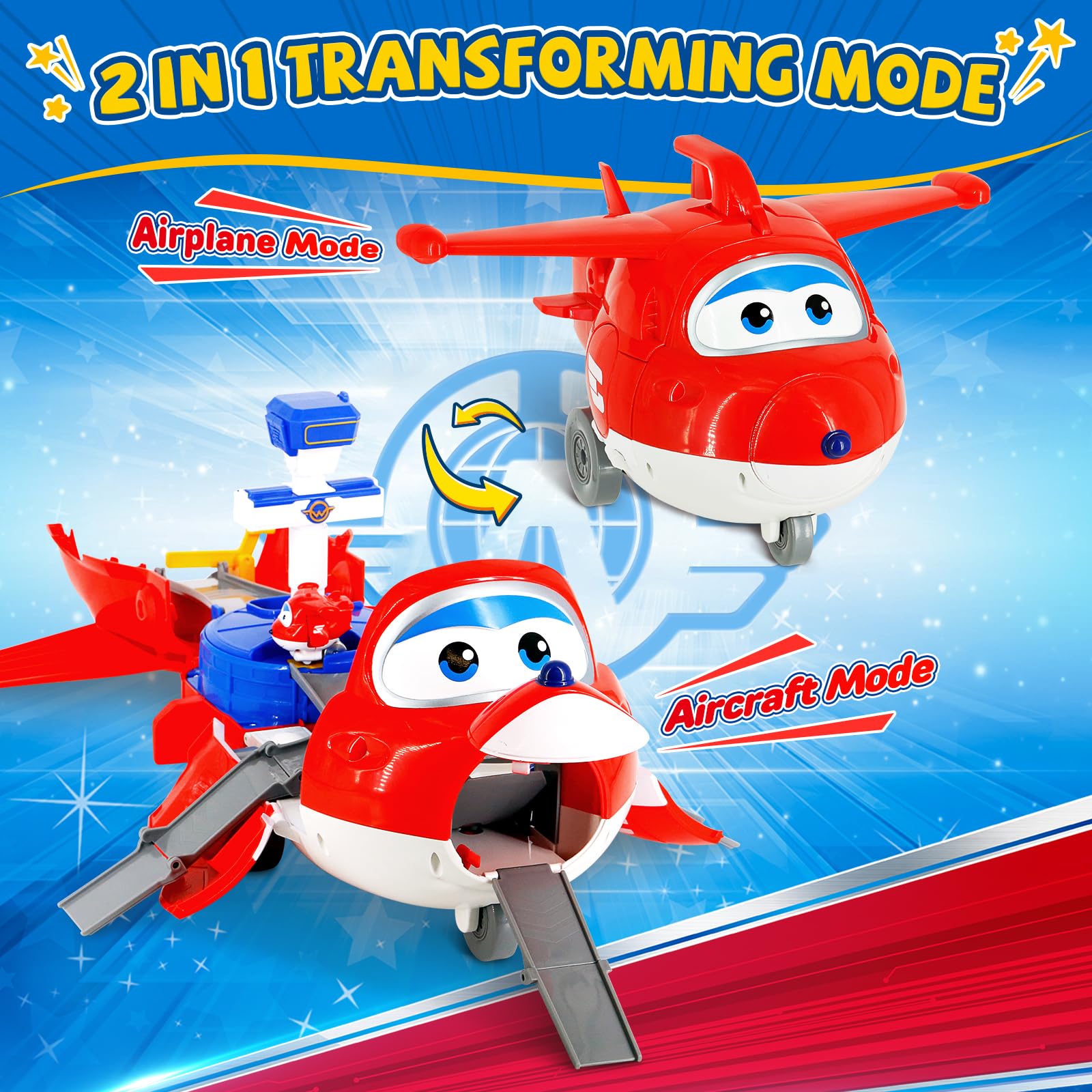 Super Wings Jett's Takeoff Tower 2-in-1 Airplane Toys Playset with 2" Jett Mini Figure Transform-a-Robots, Toys for Preschool Kids, Gifts for Boys and Girls Age 3+, Educational Learning Toys