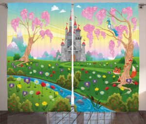 ambesonne cartoon curtains, tale castle scenery in floral garden girls fantasy picture, living room bedroom window drapes 2 panel set, 108" x 84", pink blue