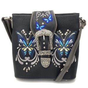 justin west floral embroidery butterfly rhinestone cross stud conceal carry handbag purse (black messenger only)