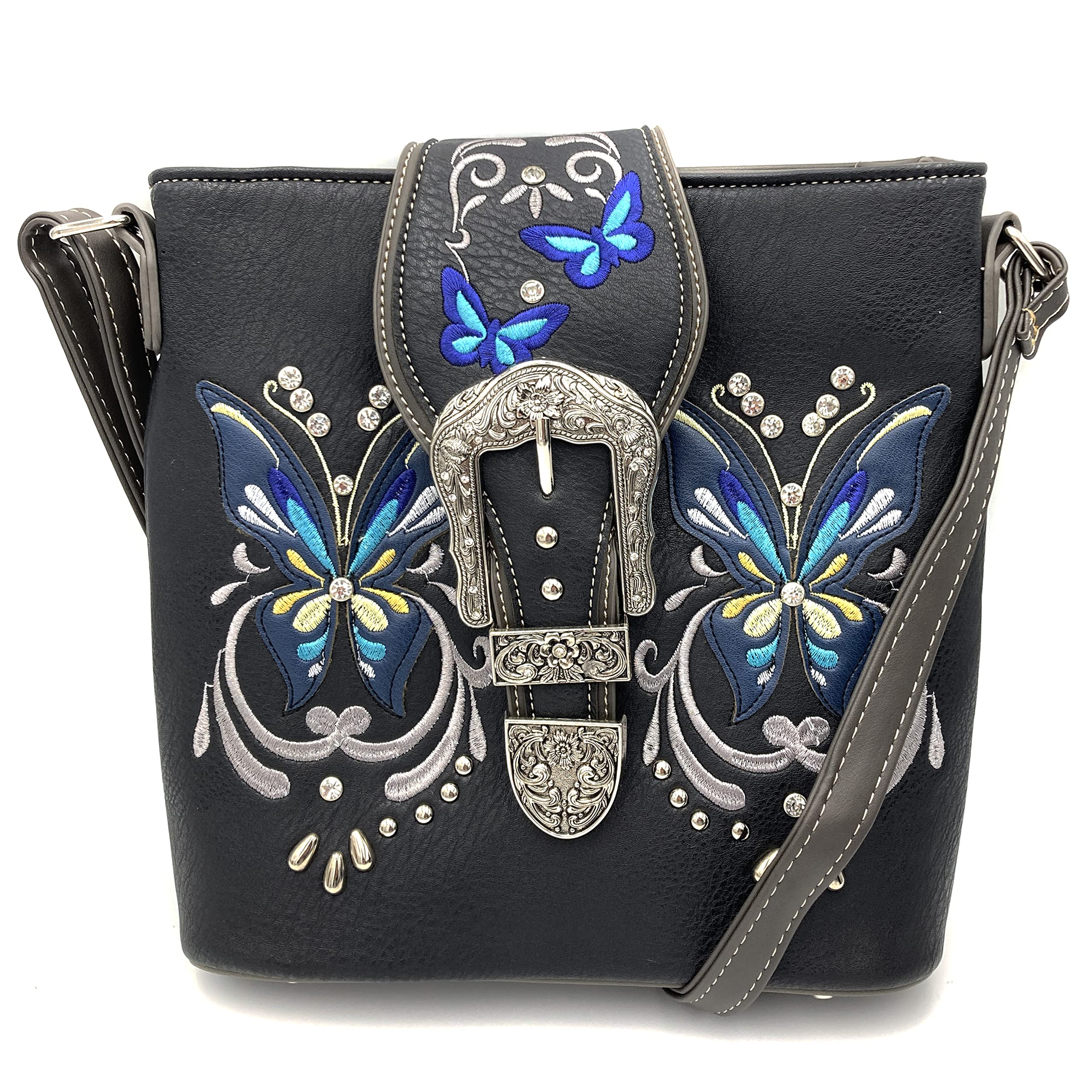 Justin West Floral Embroidery Butterfly Rhinestone Cross Stud Conceal Carry Handbag Purse (Black Messenger Only)