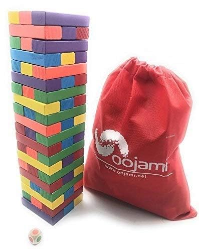 Oojami Wooden Tumbling Timber Toppling Stacking Board Games Building Blocks for Kids - 60 Pieces with Storage Bag Color Match Play Sets for Kids and Families