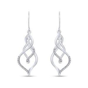 white natural diamond triple flame drop earrings in 10k solid white gold (0.2 cttw)