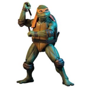 neca teenage mutant ninja turtles 1990 movie 16.5-inch michelangelo action figure with two nun chucks, slice of pizza, bag of pork rinds, and alternate interchangeable hands