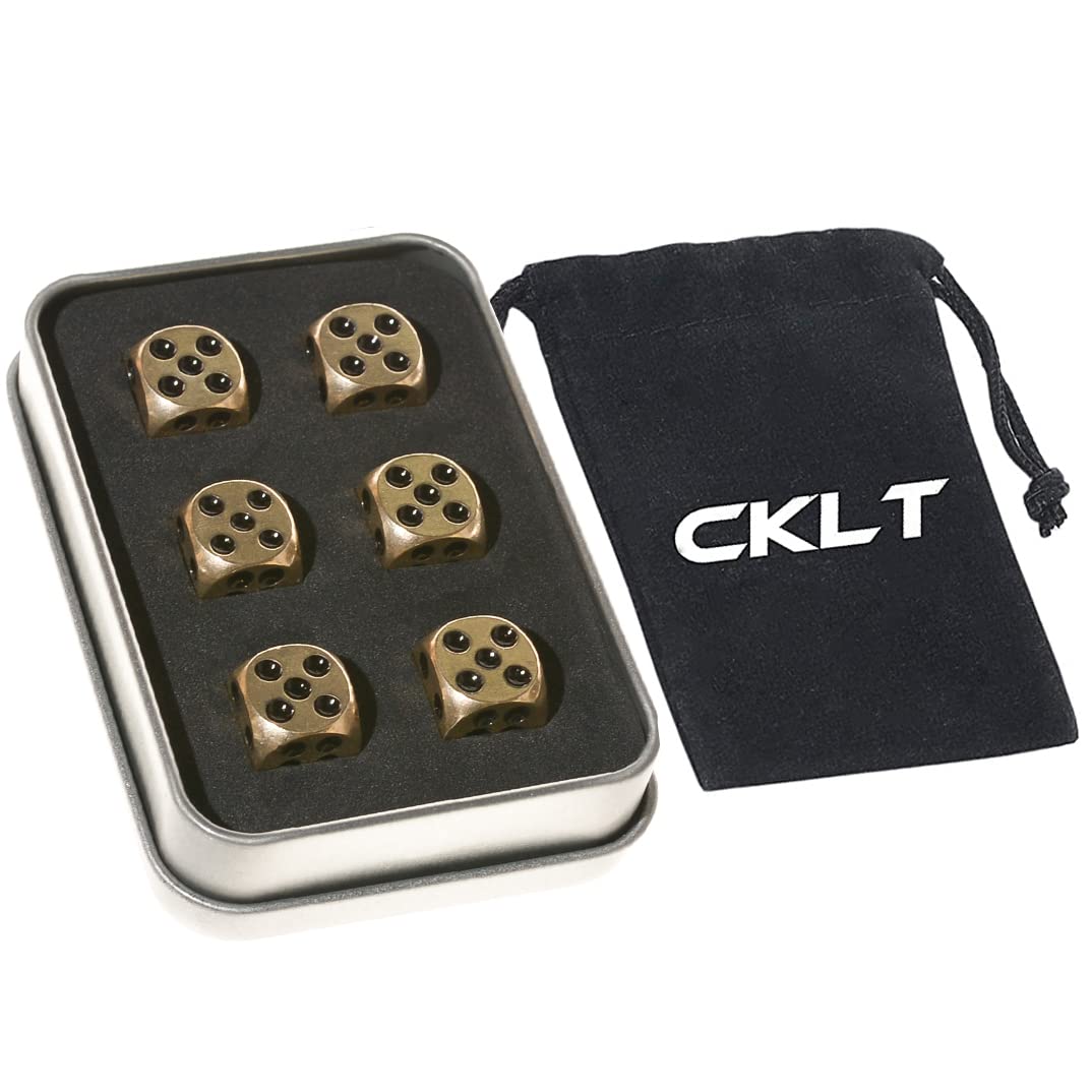 Metal Dice Set 6pcs, Solid Brass Dice with Gift Metal Case and Portable Bag, 6 Sided Metal Dice for Tables Board Game, Poker Party Role Playing Games