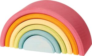 grimm's spiel und holz design large 6-piece pastel rainbow stacker, open-ended wooden nesting & stacking toy blocks