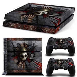 zoomhitskins ps4 console and controller skins, grey black weapon skull metal red blood steel cranium battle, durable, bubble-free goo-free, 1 console skin 2 controller skins, made in usa