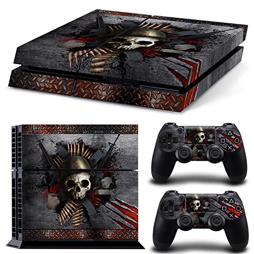 ZOOMHITSKINS PS4 Console and Controller Skins, Grey Black Weapon Skull Metal Red Blood Steel Cranium Battle, Durable, Bubble-Free Goo-Free, 1 Console Skin 2 Controller Skins, Made in USA