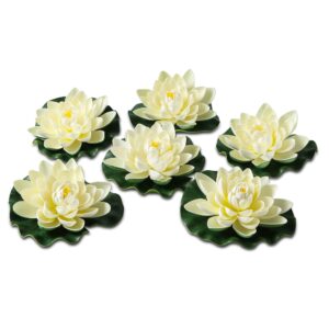 navadeal 6pcs artificial floating foam lotus flowers with water lily pad ornaments, ivory white, perfect for patio koi pond pool aquarium home garden wedding party decoration(with no lights)