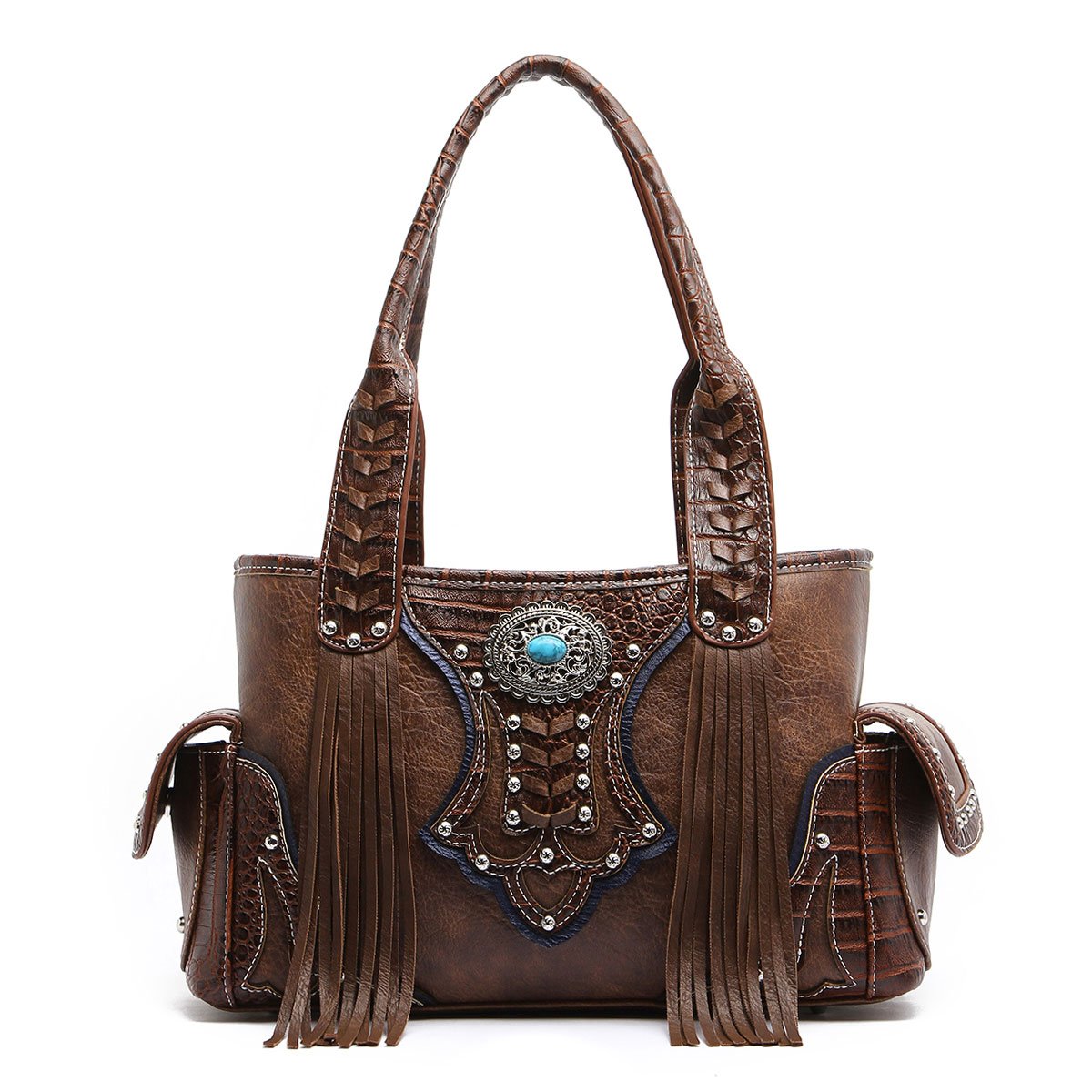 Western Handbag - Classic Concho Embossed Concealed Carry Shoulder Bag with Fringe