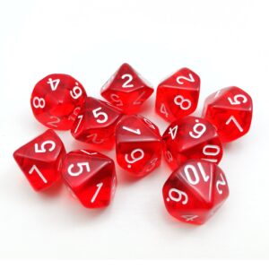 bescon polyhedral 10 sides dice with number 1-10, red transparent 10 sided dice, 10 sides cube 1-10, 10pcs set