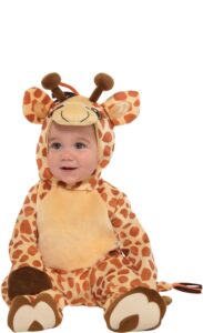 amscan junior giraffe halloween costume for babies, 12-24 months, with spotted jumpsuit, hood and hoove booties multicolor