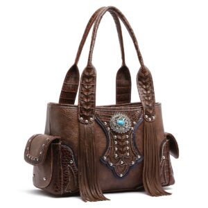 Western Handbag - Classic Concho Embossed Concealed Carry Shoulder Bag with Fringe