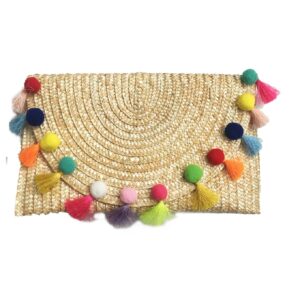 straw pom pom and tassel clutch - fashion bag for summer large