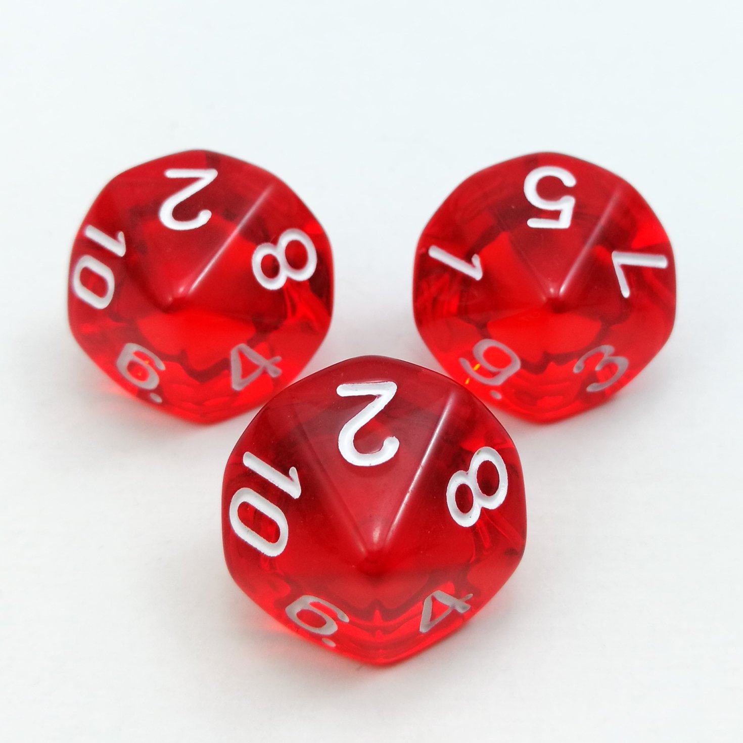 Bescon Polyhedral 10 Sides Dice with Number 1-10, Red Transparent 10 Sided Dice, 10 Sides Cube 1-10, 10pcs Set